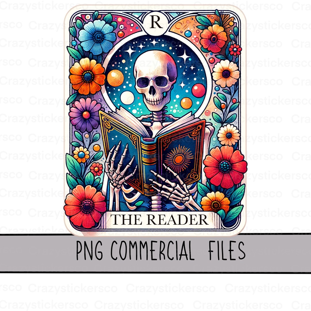 The Reader Skeleton Tarot Card Floral Retro PNG , Book Lover ...
