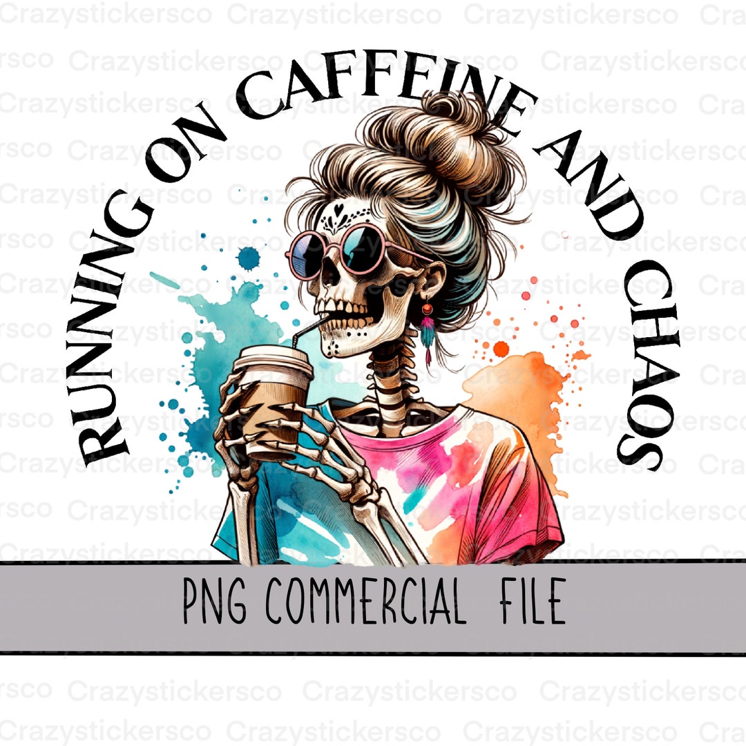Running on Caffeine Skeleton PNG: Messy Bun Commercial File (digital ...