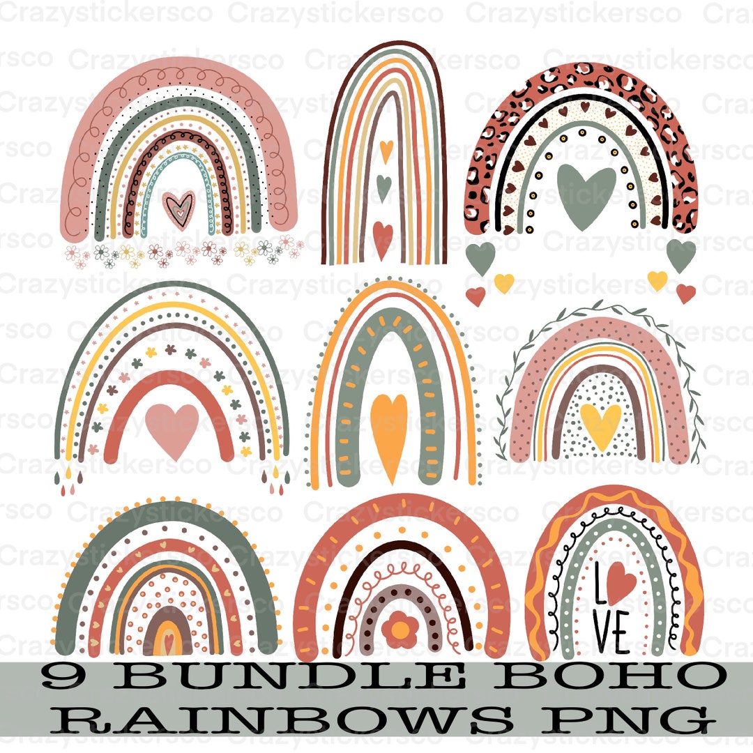 Rainbow Heart PNG Bundle , Boho Rainbows PNG Bundle , Rainbow Clipart ...