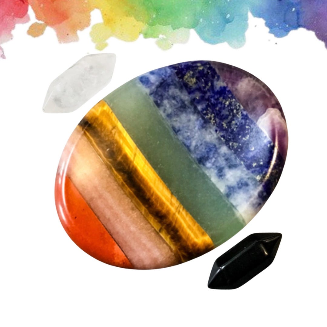 7 Chakra Worry Stone Set With Black Obsidian & Clear Quartz Double ...