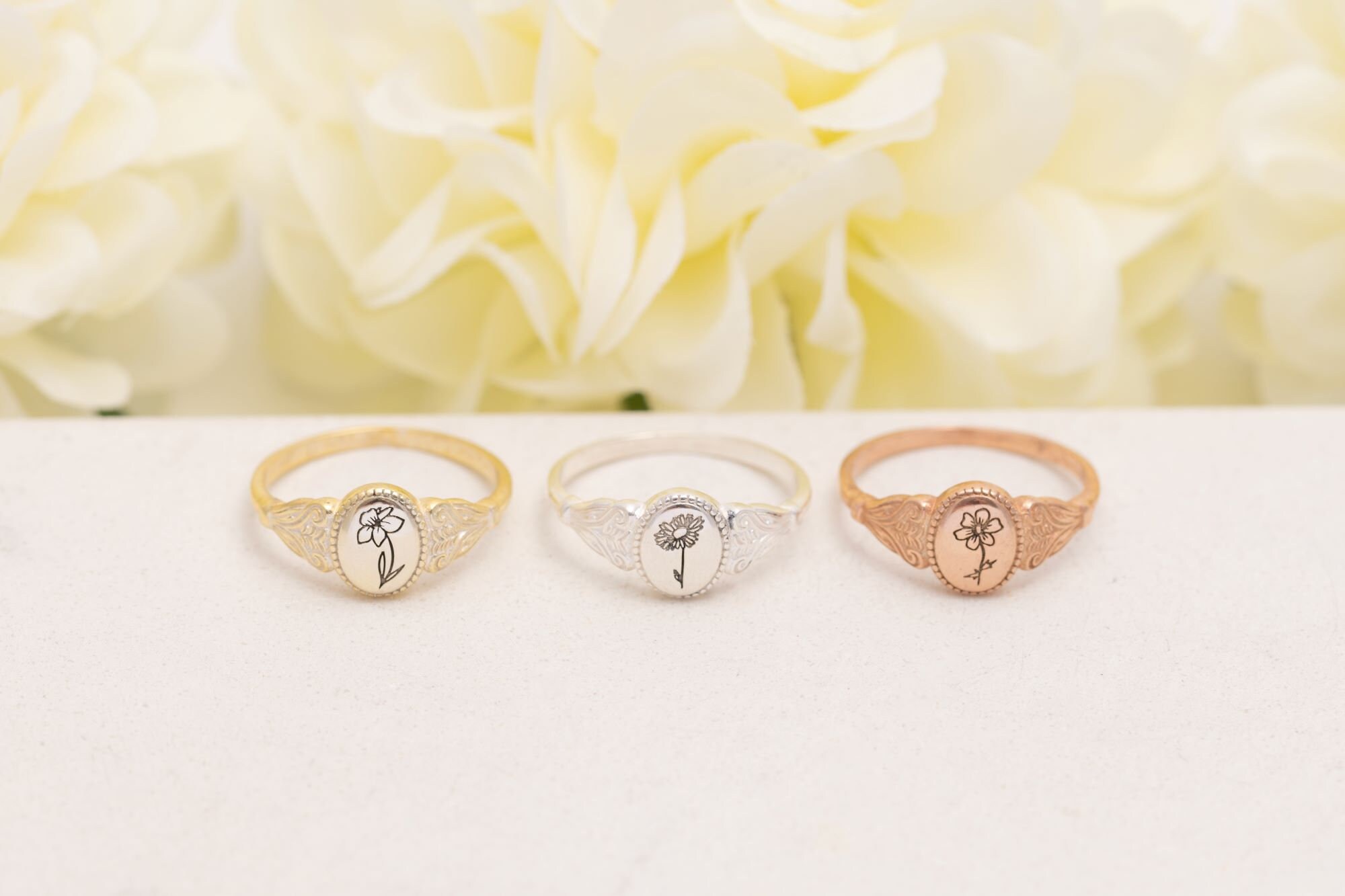 Birth Flower Ring, Birth Flower Jewelry, Signet Rings, Dainty Ring ...