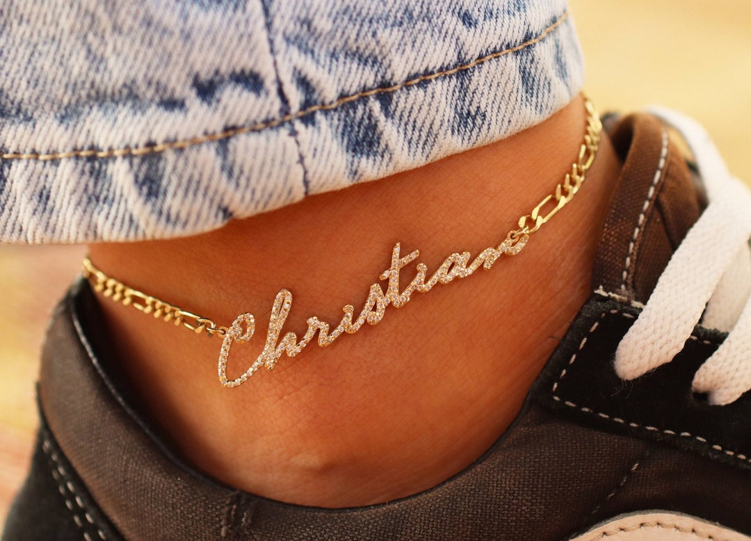 14k Solid Gold Diamond Name Anklet, Pave Name Anklet, Silver Name ...