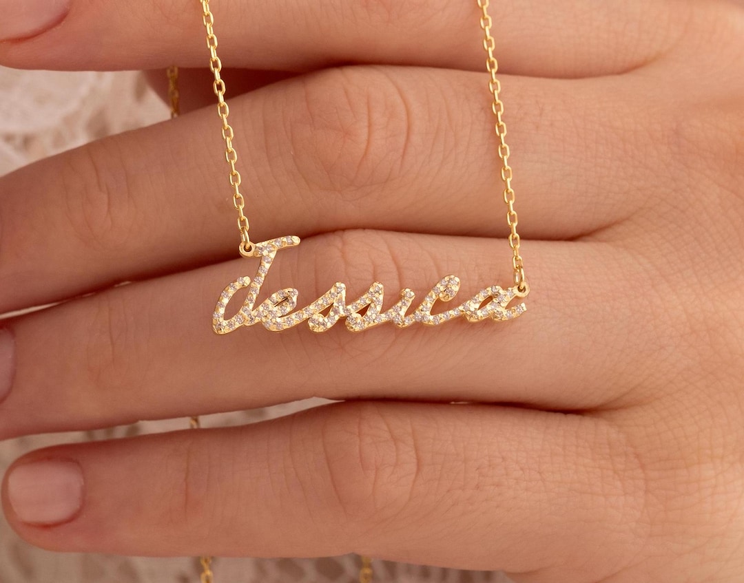 14k Solid Gold Diamond Name Necklace, Personalized Gift , Name Necklace ...