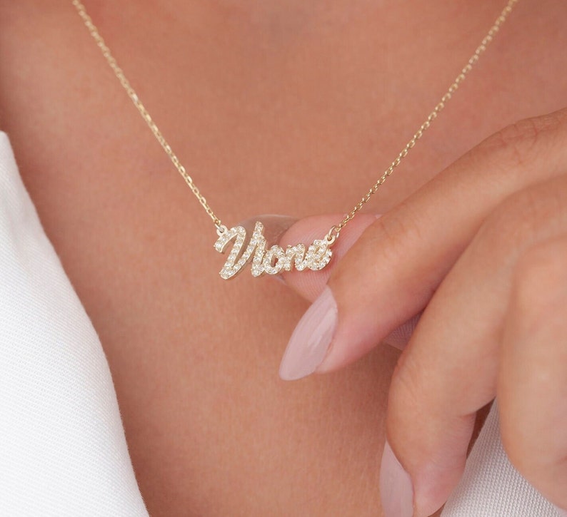 14k Solid Gold Diamond Name Necklace Personalized Gift Name | Etsy
