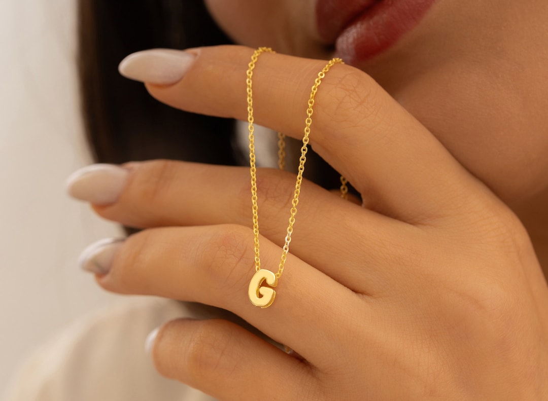 14k Gold Initial Necklace, Bubble Letter Necklace, Letter Necklace ...
