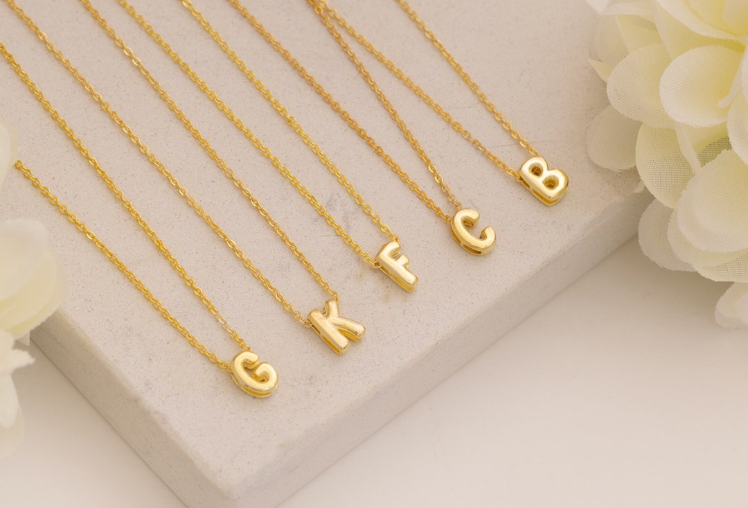 14k Gold Initial Necklace, Bubble Letter Necklace, Letter Necklace ...