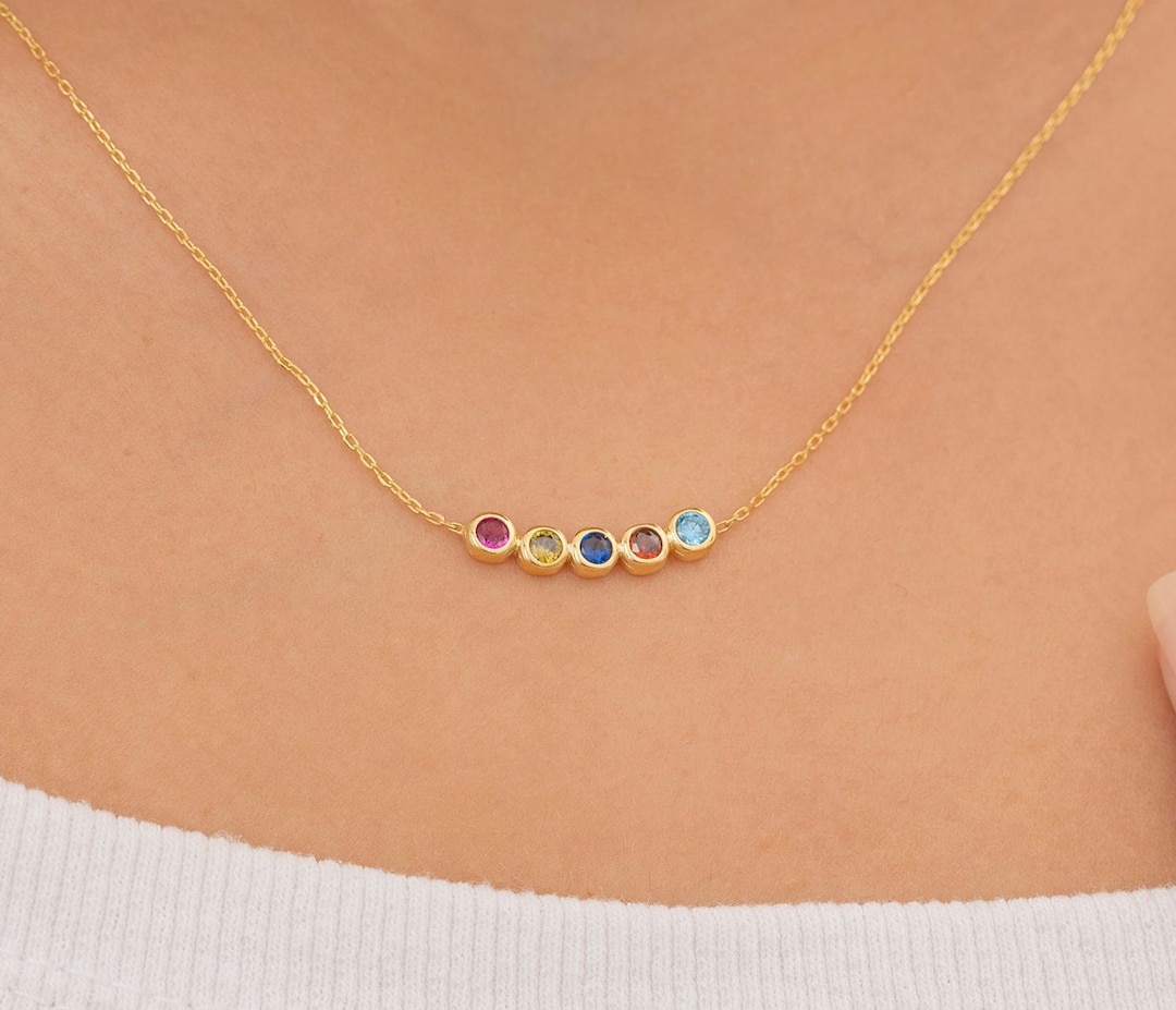 14k Solid Gold Birthstone Necklace, Birthstone Jewelry, Family ...
