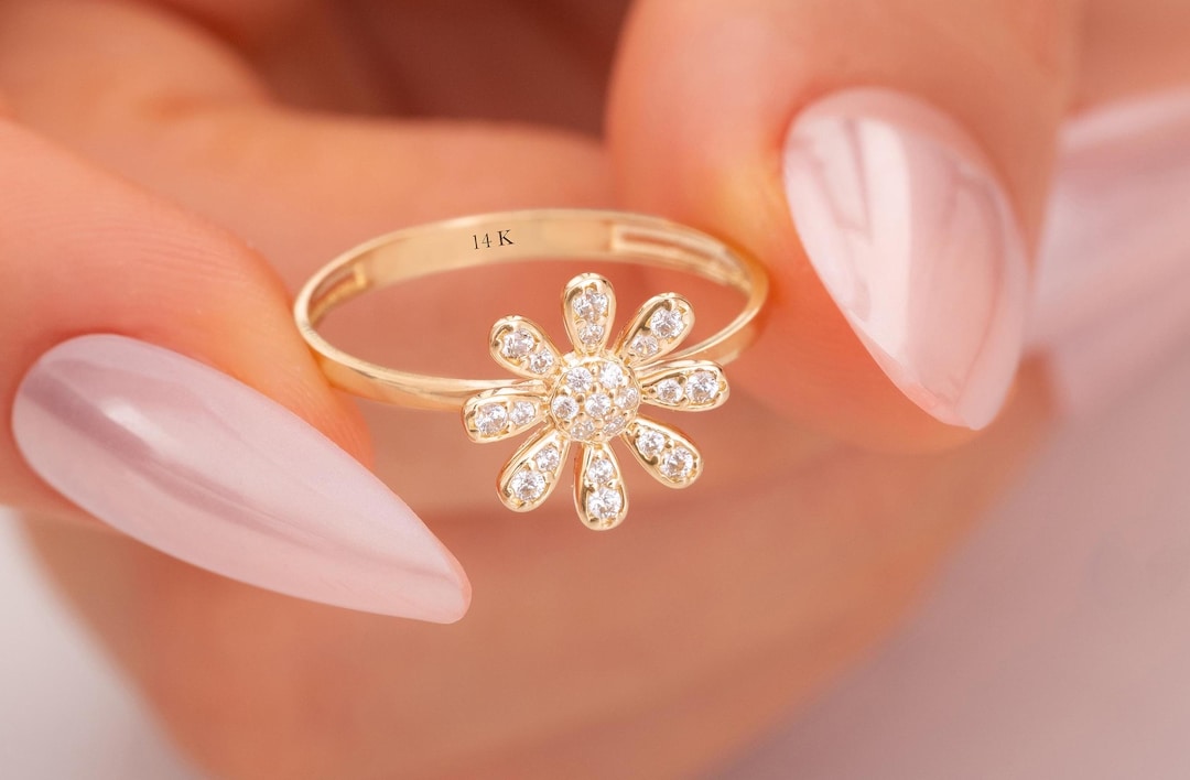 14k Solid Gold Flower Ring , Dainty Everyday Ring , Daisy Rings for ...