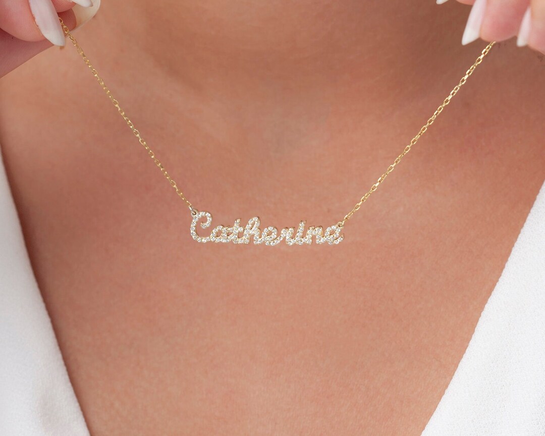 14k Solid Gold Diamond Name Necklace, Personalized Gift , Name Necklace ...
