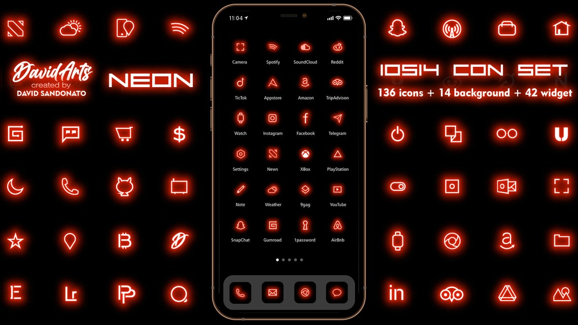 Neon RED Ios14 Icon Set | 136 Icons and Backgrounds | iPhone Aesthetic ...