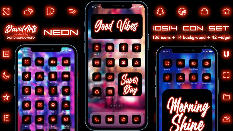 Neon RED Ios14 Icon Set | 136 Icons and Backgrounds | iPhone Aesthetic ...