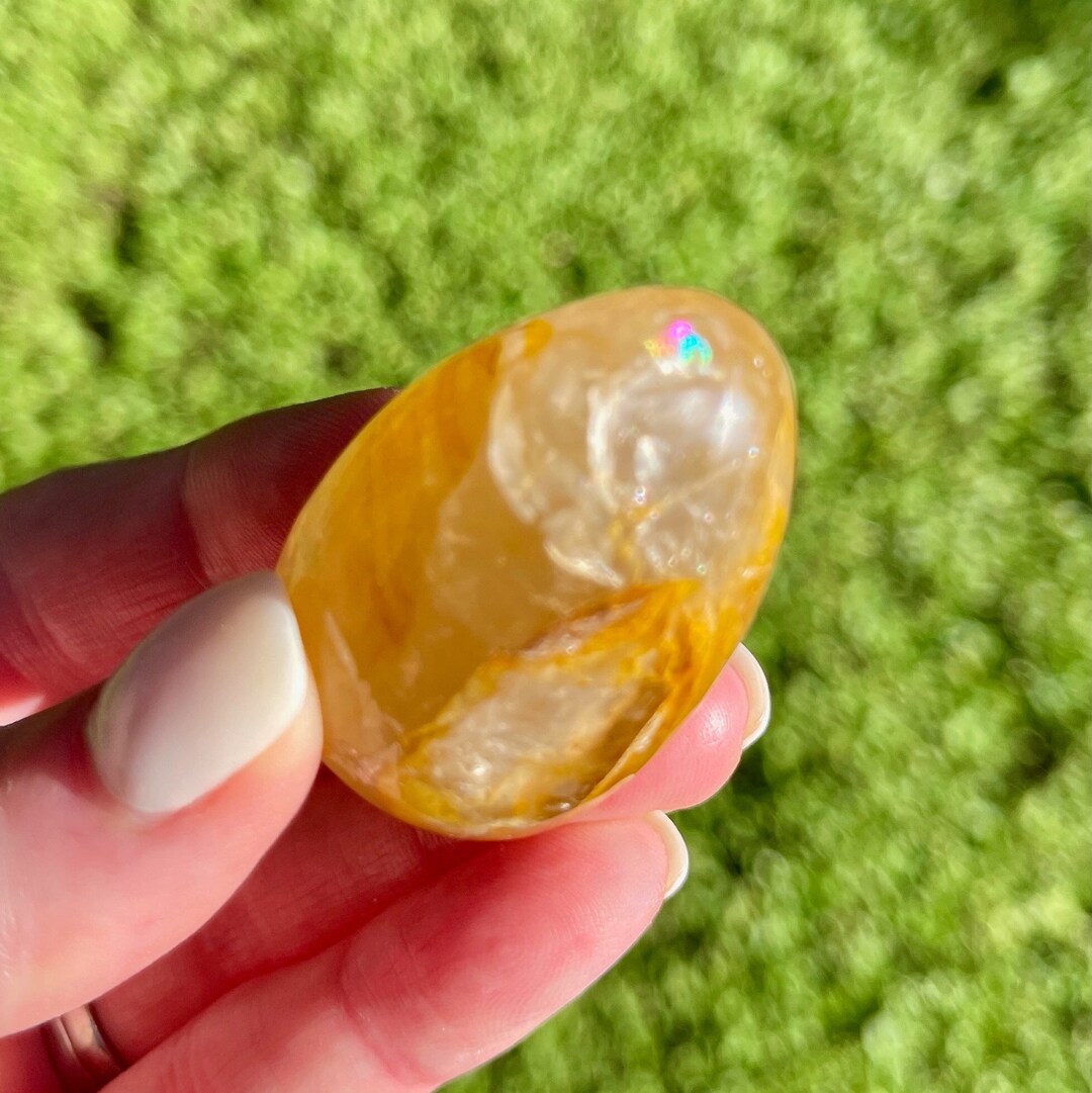1 5/8 Small Golden Healer Yellow Hematoid Quartz Palm Stone W/ Rainbows ...