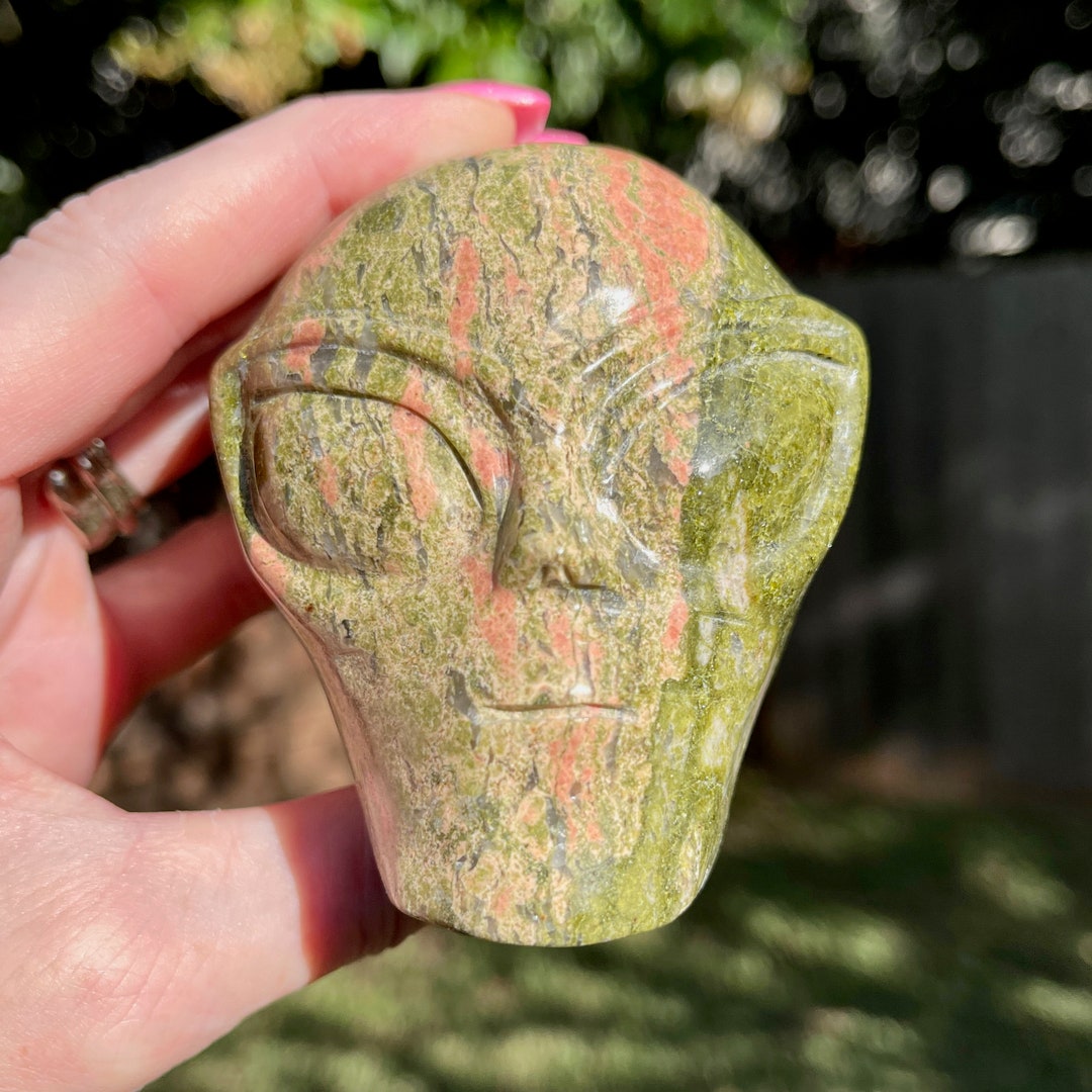 3 1/8 Large Unakite Alien Head Carving W/ Druzy, Carved Crystal Alien ...