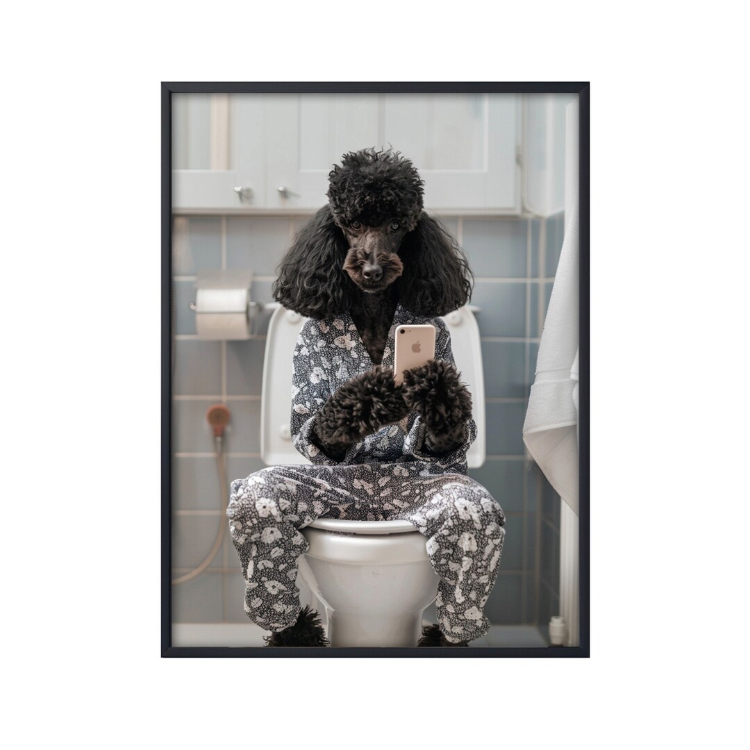 Black Poodle Sitting on Toilet, Dog on Phone Gift, Funny Poodle Poster ...