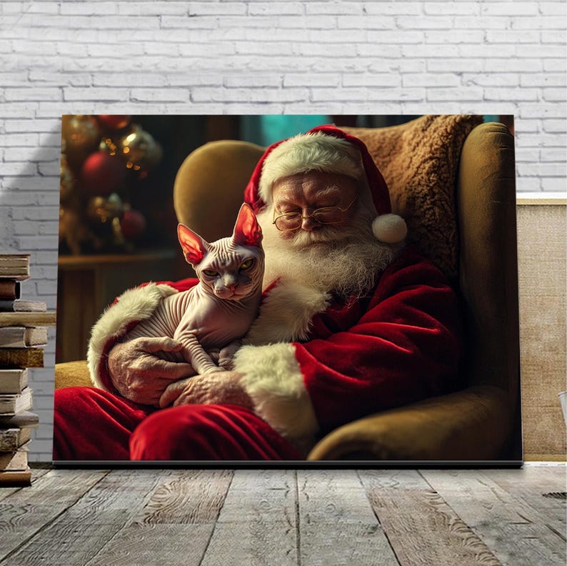 Santa and Sphynx Cat Hugging Poster Canvas Art, Santa Poster Gifts ...