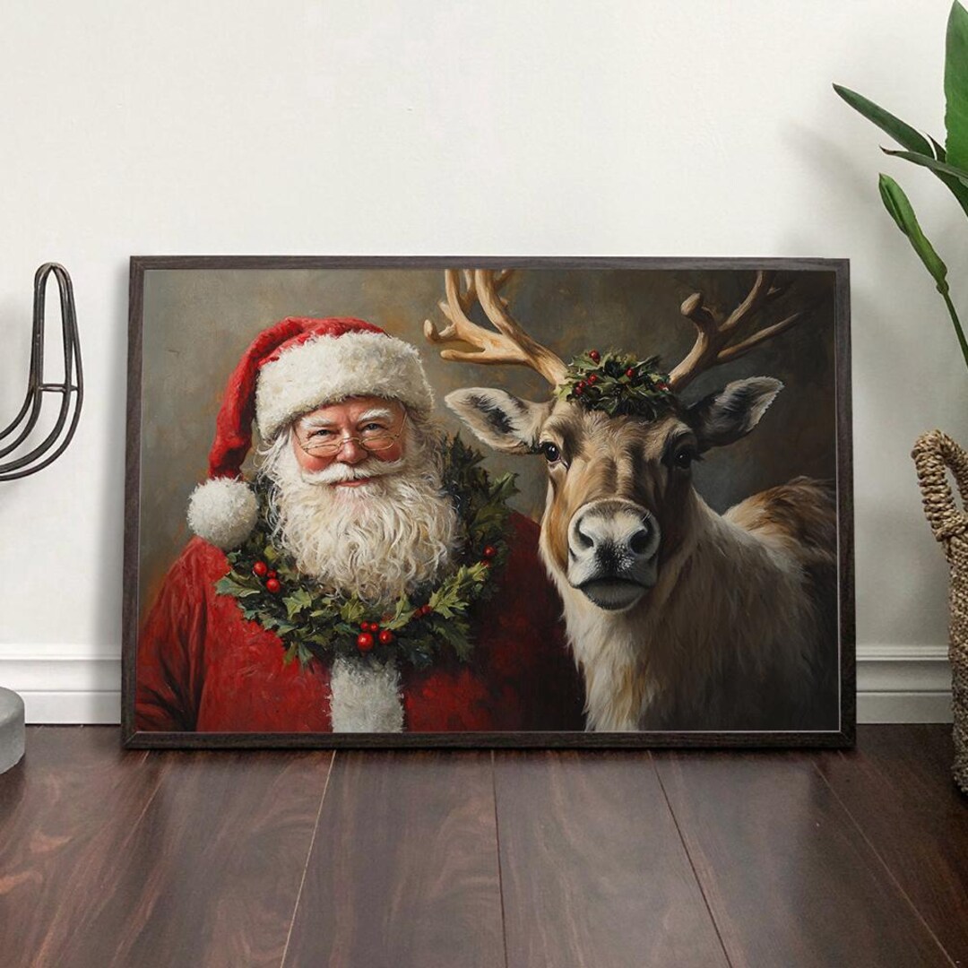 Rustic Santa's Reindeer Companionship, Santa Wall Art, Santa and ...
