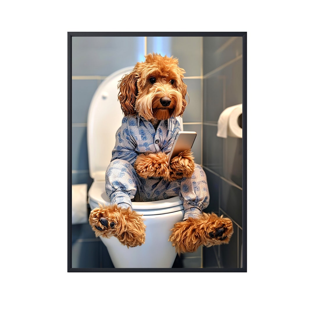 Goldendoodle Sitting on Toilet on Mobile Phone, Funny Dog Picture ...
