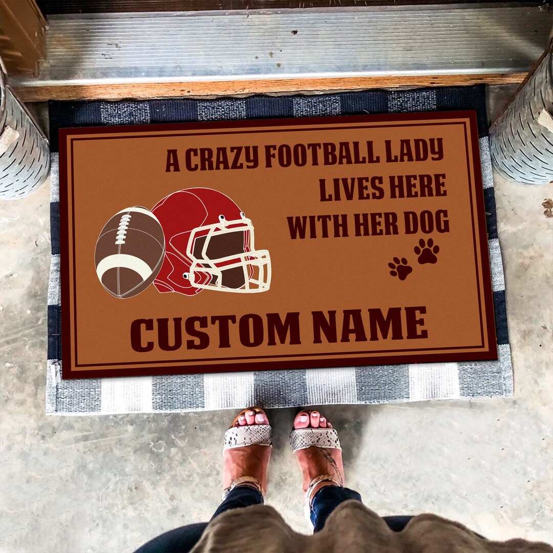 A Crazy Football Lady Lives Here W Dogs Doormat, Football Doormat ...