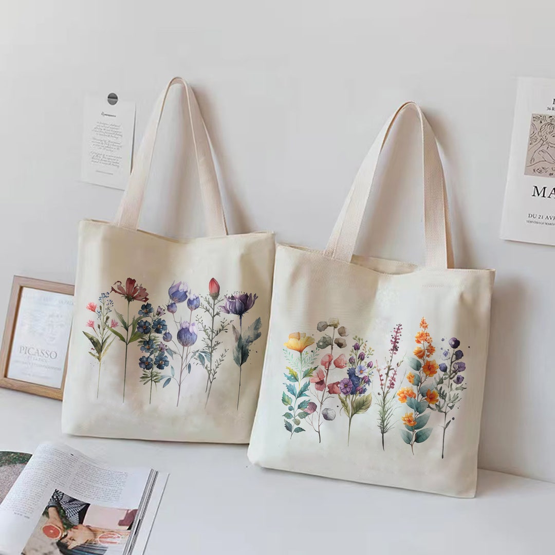 Boho Watercolor Flowers Tote Bag, Aesthetic Floral Tote, Floral Tote ...