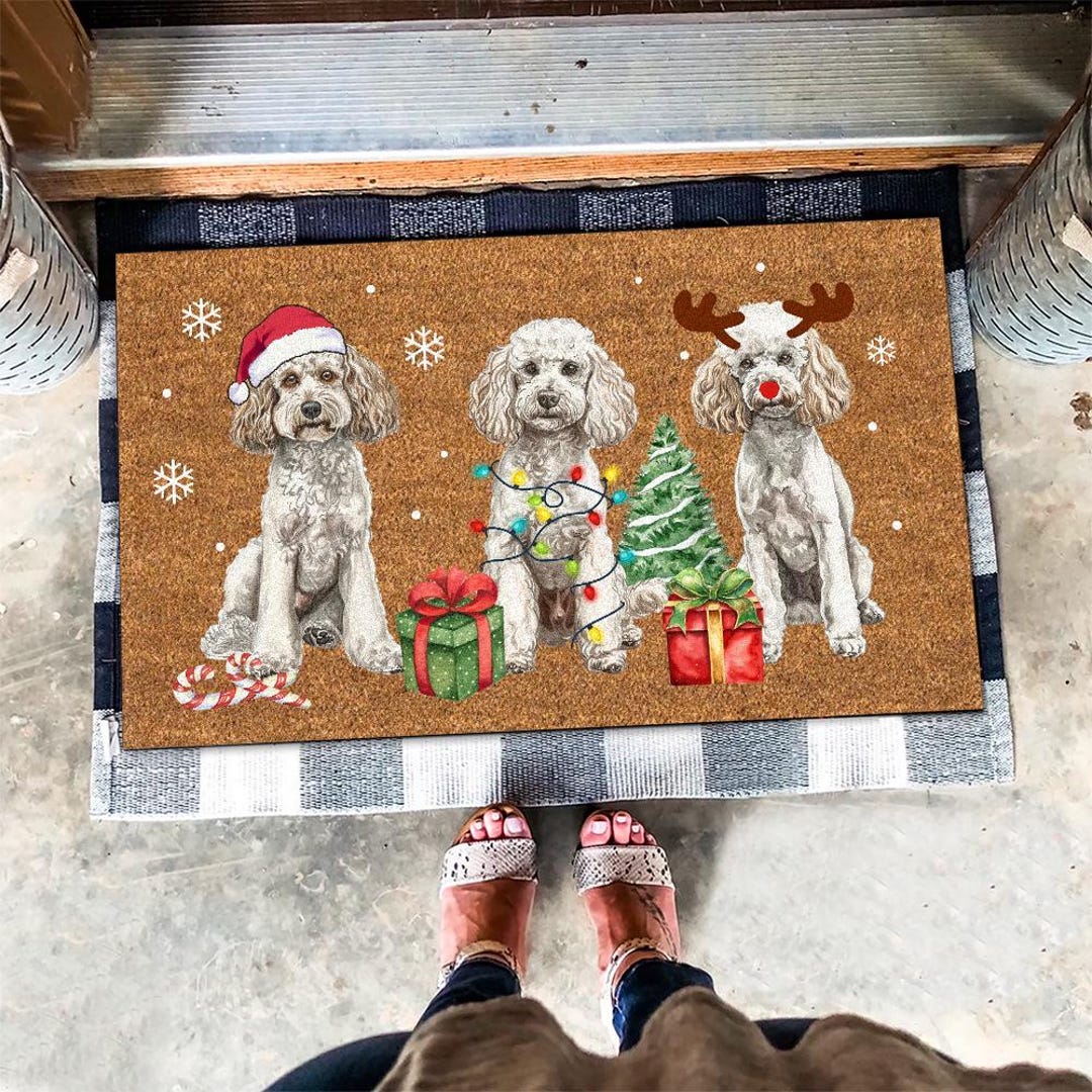 White Poodle Dog Mat, Poodle Xmas Dog Rug, Poodle Christmas Doormat ...