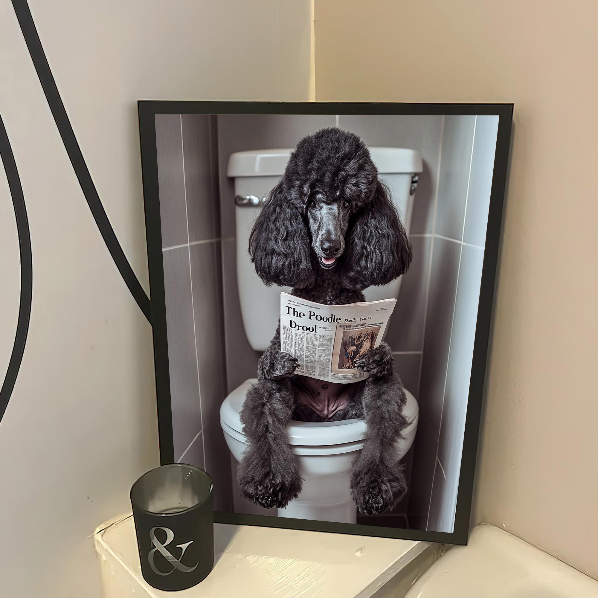 Black Poodle Sitting on Toilet, Dog Reading Newspaper, Funny Poodle ...