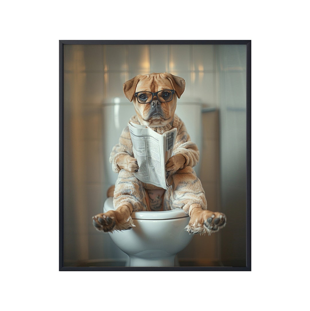 Puggle Sitting on Toilet Reading Newspaper, Dog on Loo, Puggle Dog in ...
