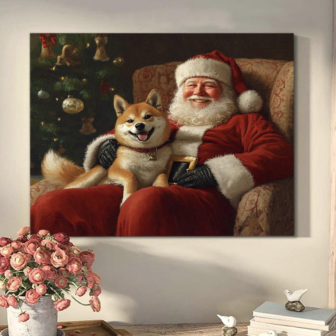 Santa and Shiba Inu Dog Hugging Poster Canvas Art, Santa Poster Gift ...