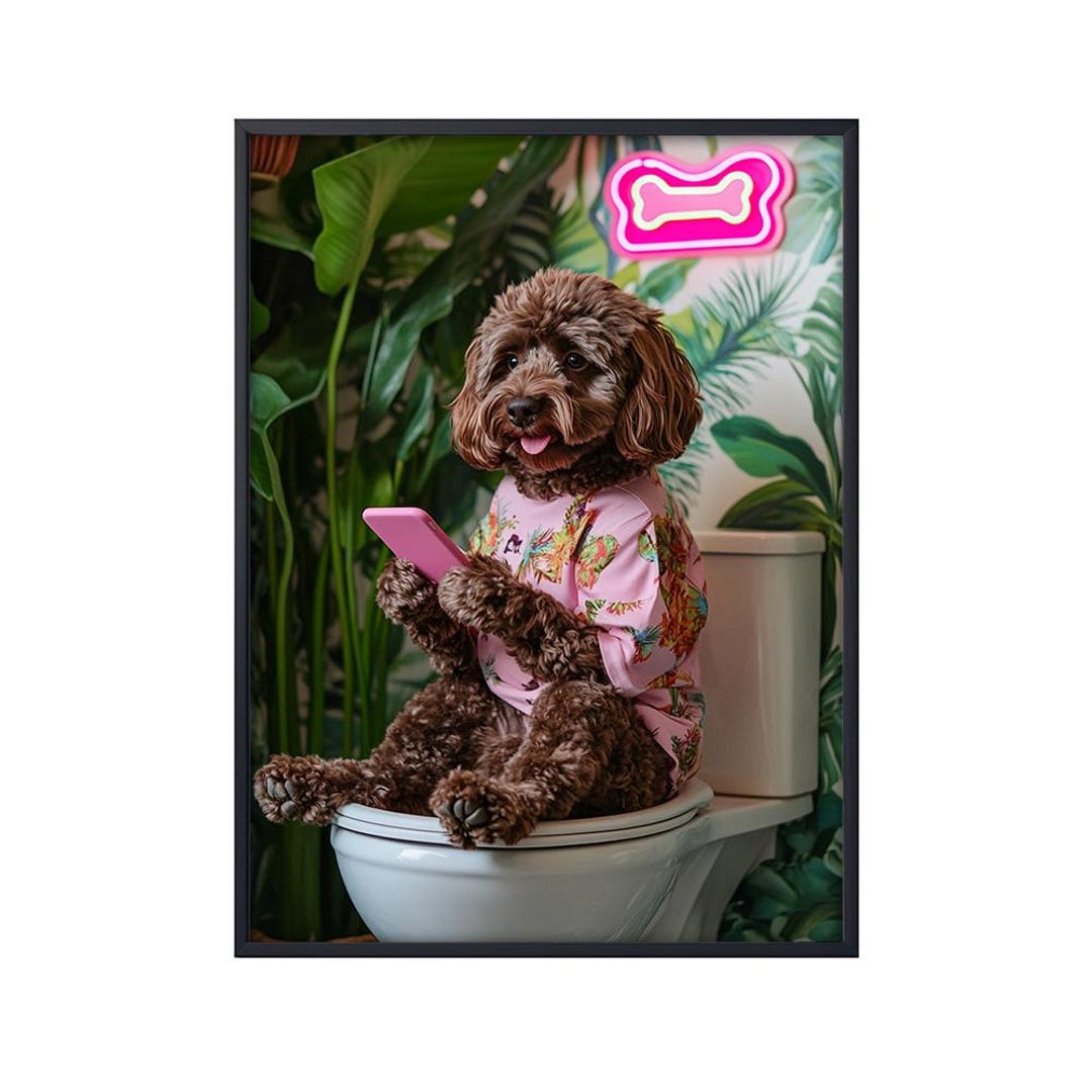 Chocolate Cockapoo Sitting on Toilet on Mobile Phone, Funny Dog Picture ...