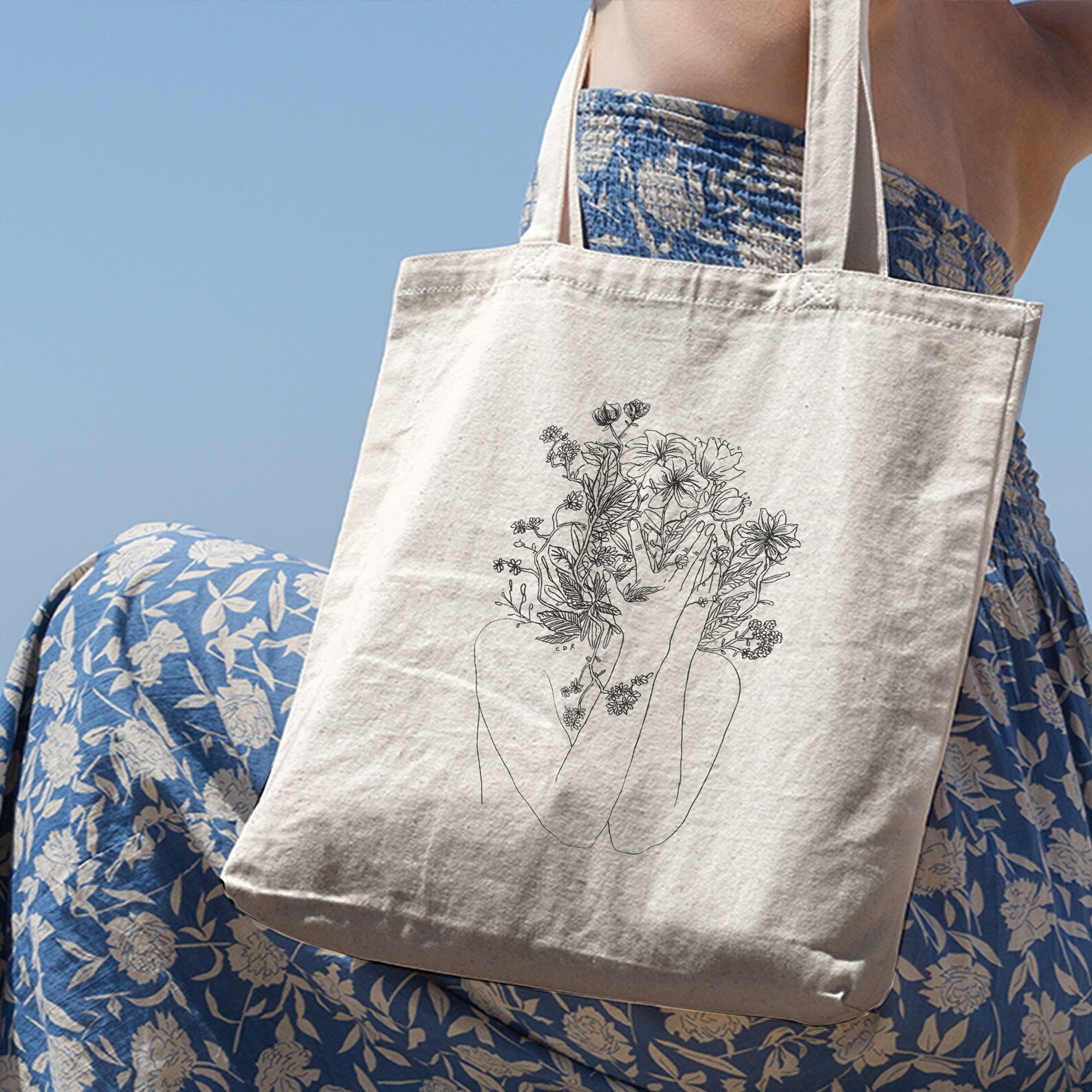 Woman Portrait Flower Line Art Tote, Girl Line Abstract Art Bag, Line ...