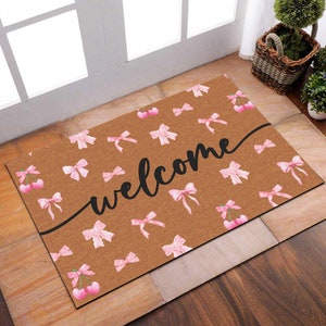 Welcome Pink Bow Doormat, Watercolor Pinky Bow Welcome Doormat, Watercolor Bow Lover Gift, Front ...