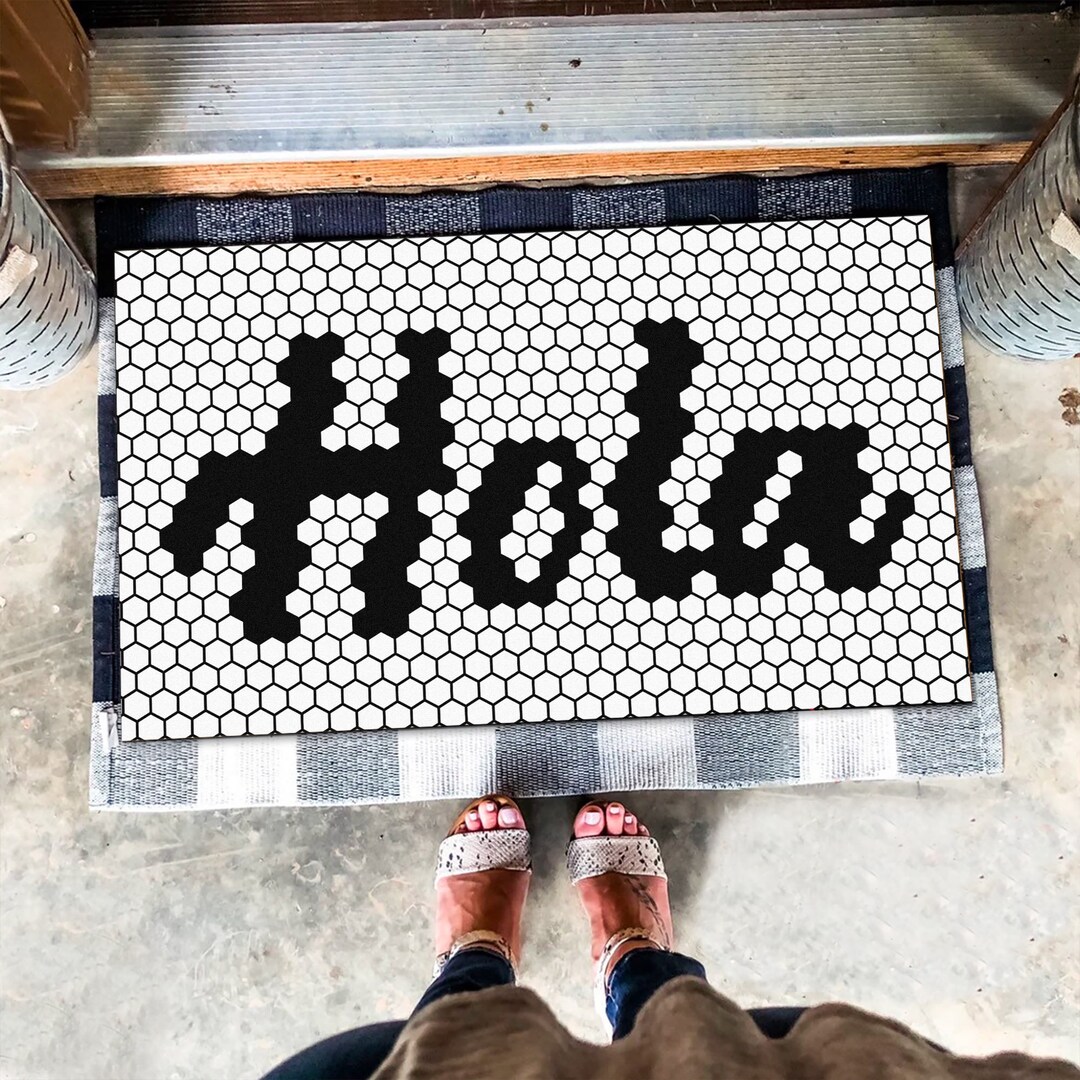 Cute Hola Tiled Look Message Door Mat, Hey Tile Pattern Welcome Mat, Hi ...