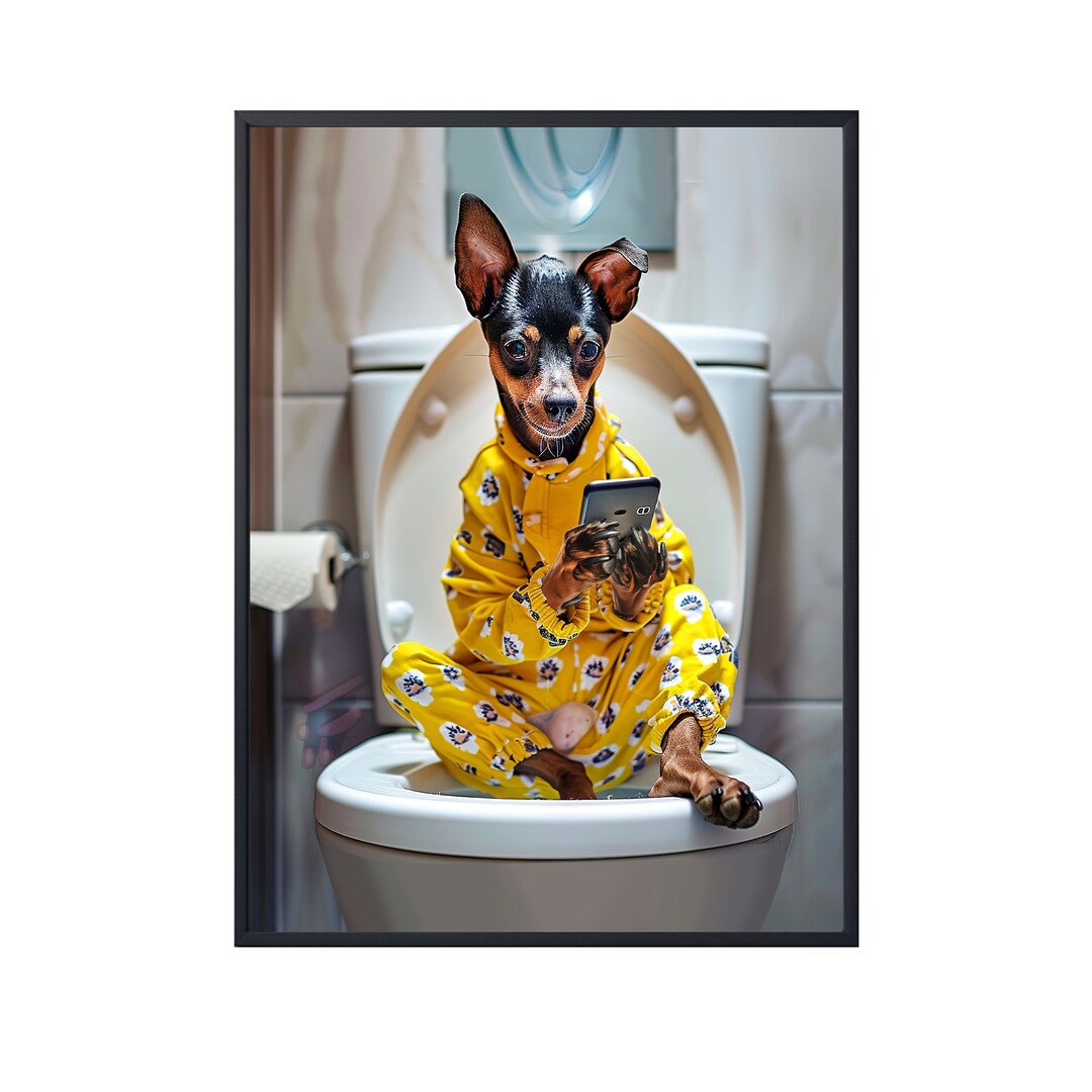 Miniature Pinscher Sitting on Toilet on Mobile Phone, Funny Dog Picture ...