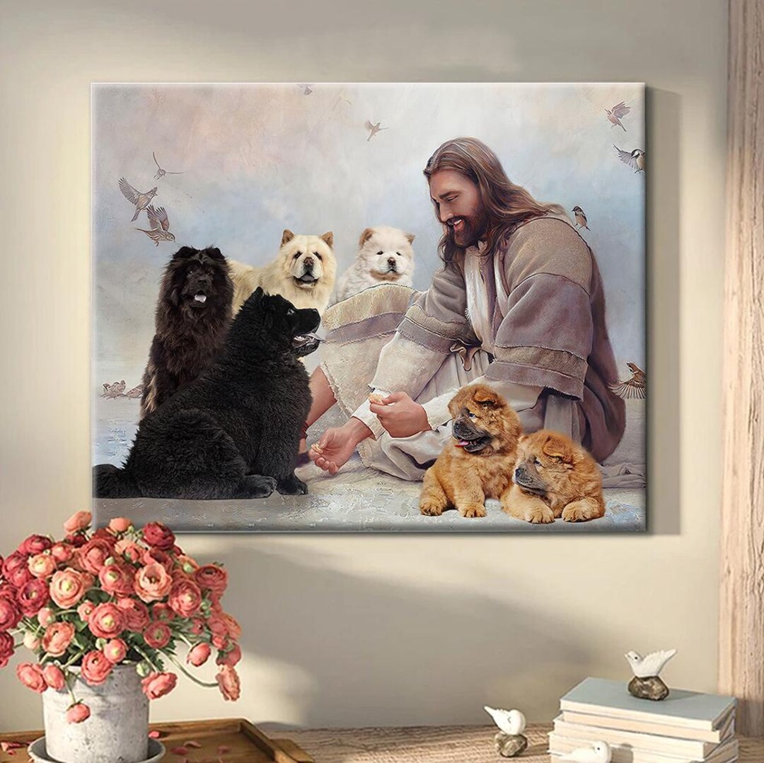 God Surrounded by Chow Chow Wall Art, Angels Jesus Poster, God With Dog ...