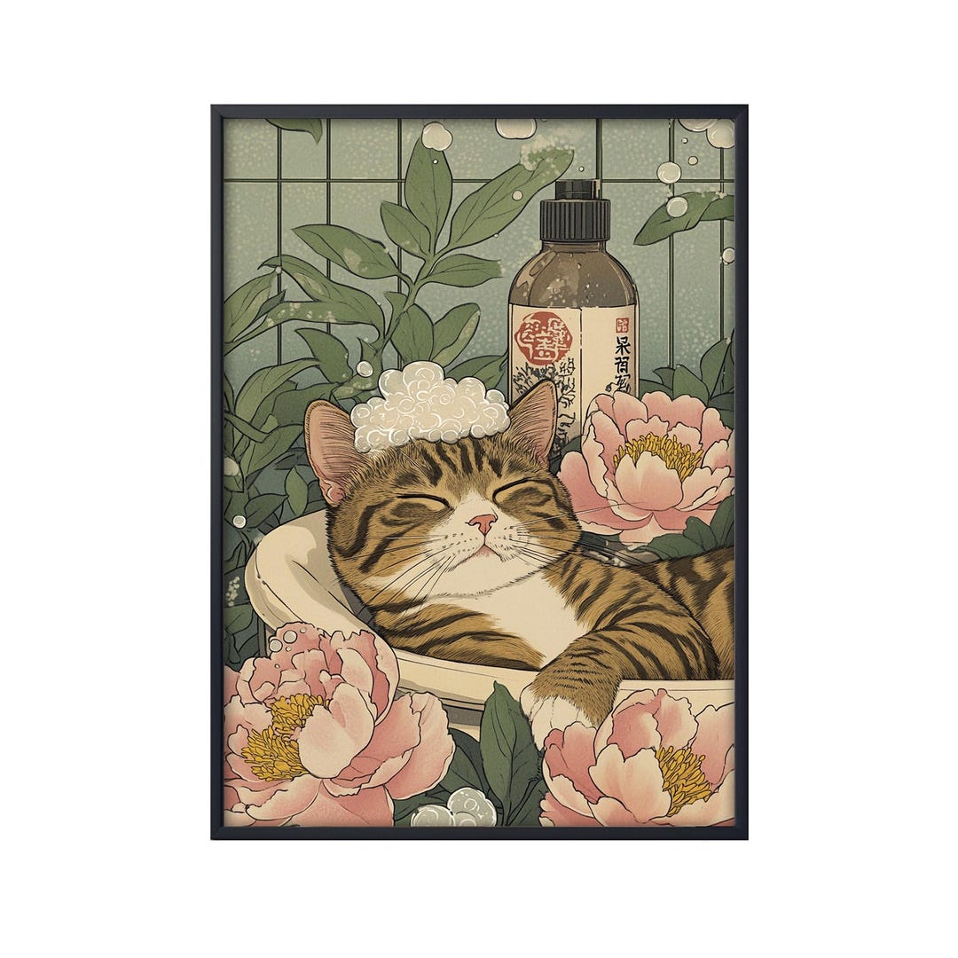 Tabby Cat Poster, Tabby Cat in Bathtub, Tabby Cat in Bathroom Wall Art ...