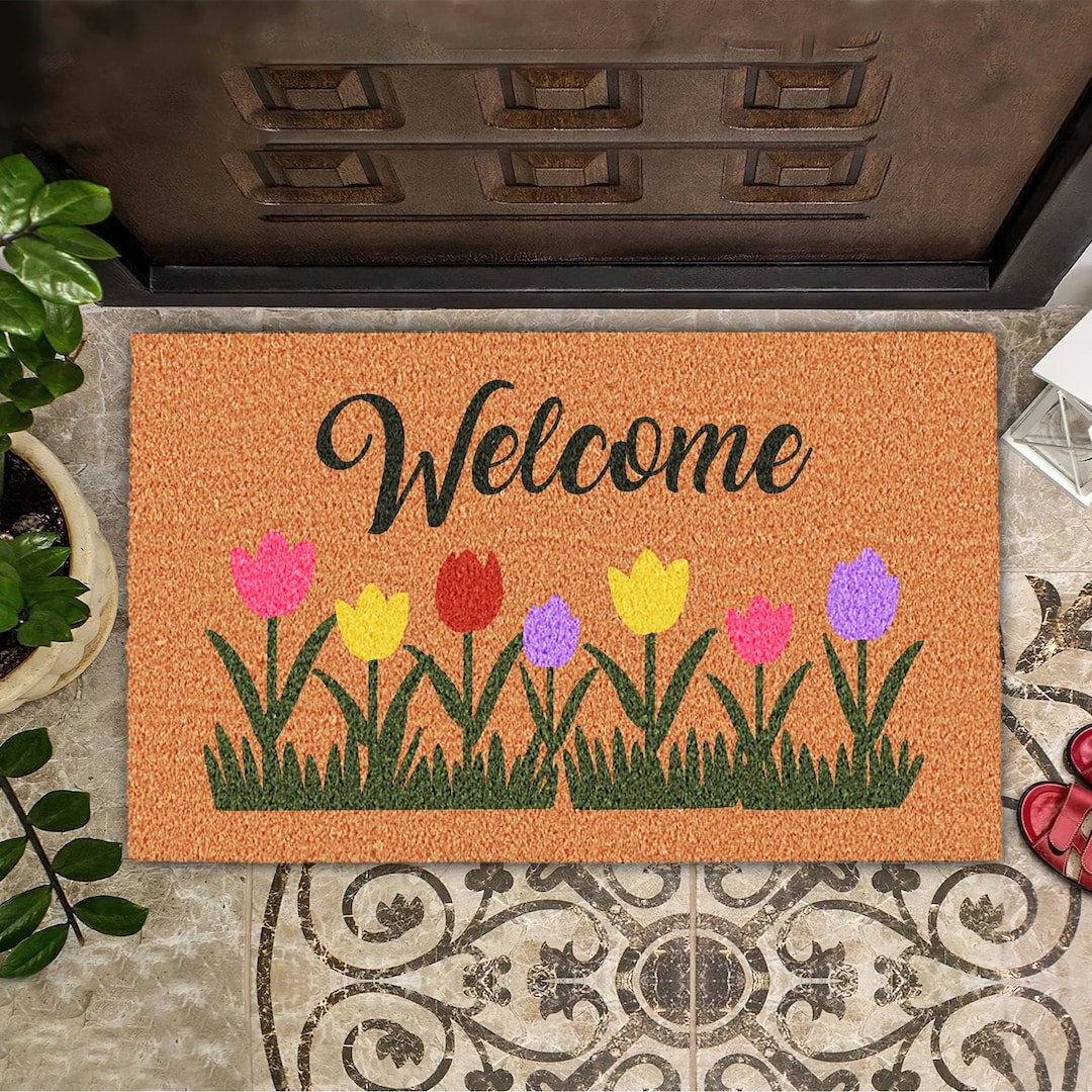 Tulip Welcome Mat, Hello Spring Flowers Doormat, Floral Doormat, Spring ...