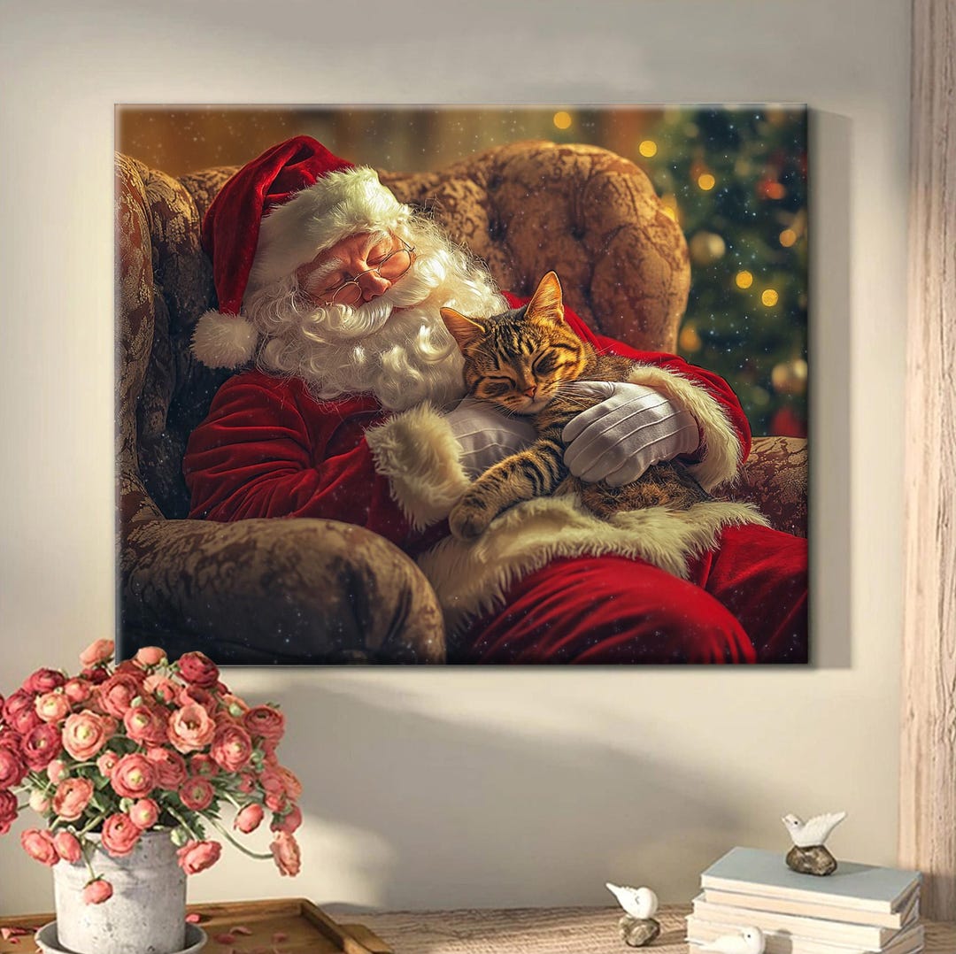 Santa and Tabby Cat Hugging Poster Canvas Art, Santa Poster Gifts ...