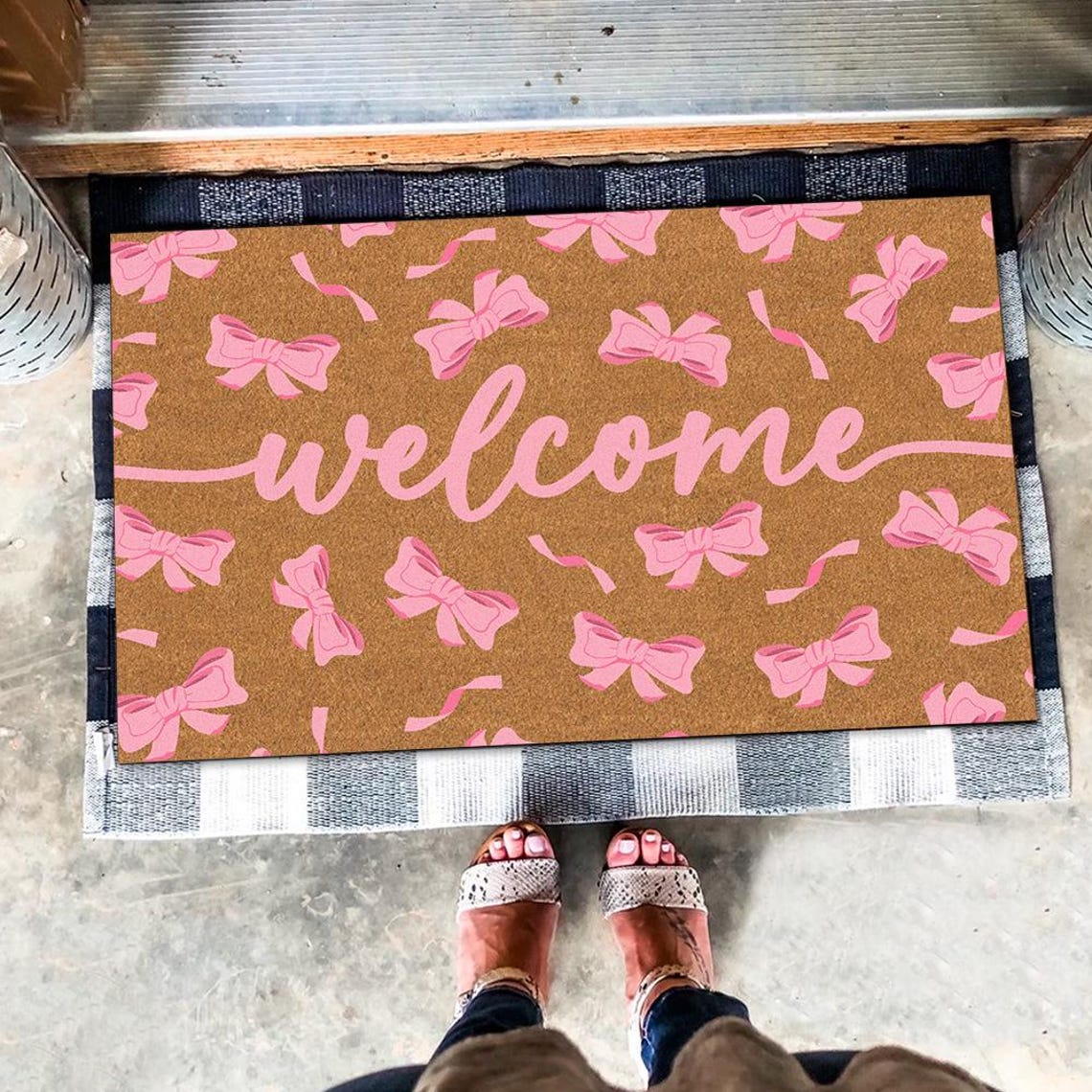 Welcome Pink Bow Doormat, Watercolor Pinky Bow Welcome Doormat ...