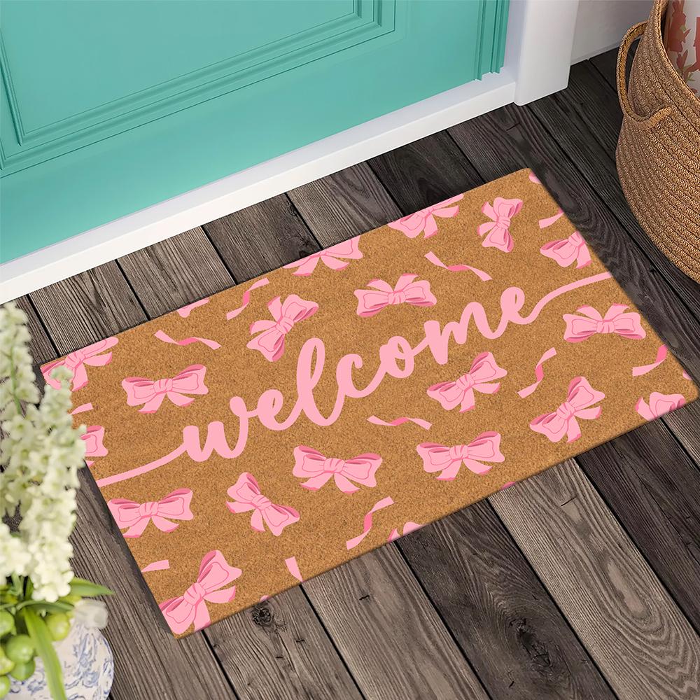 Welcome Pink Bow Doormat, Watercolor Pinky Bow Welcome Doormat ...