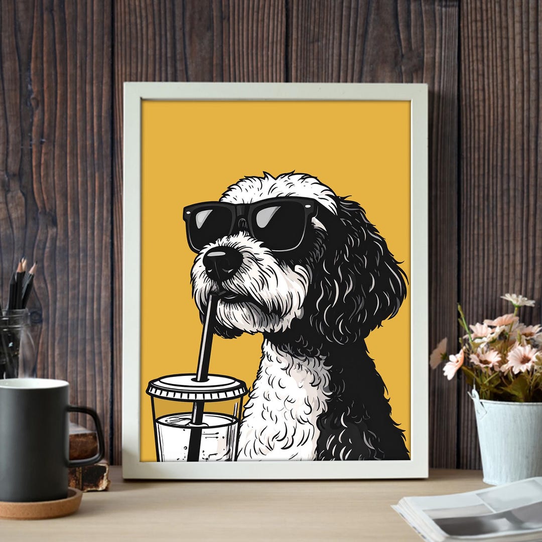 Drinking Goldendoodle Dog Poster, Goldendoodle Wall Art Sign ...