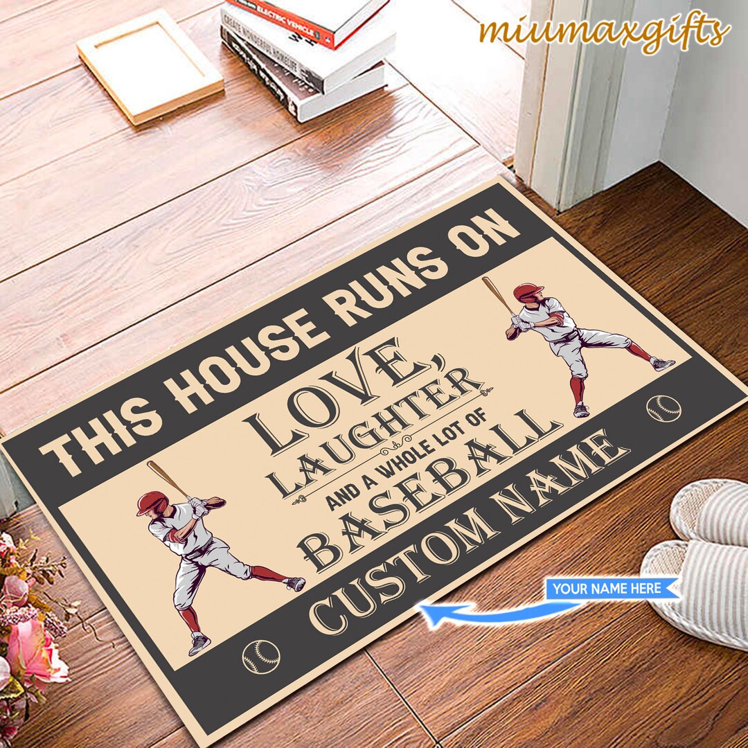 Baseball Doormat, This House Runs on Baseball Mat, Baseball Rug ...