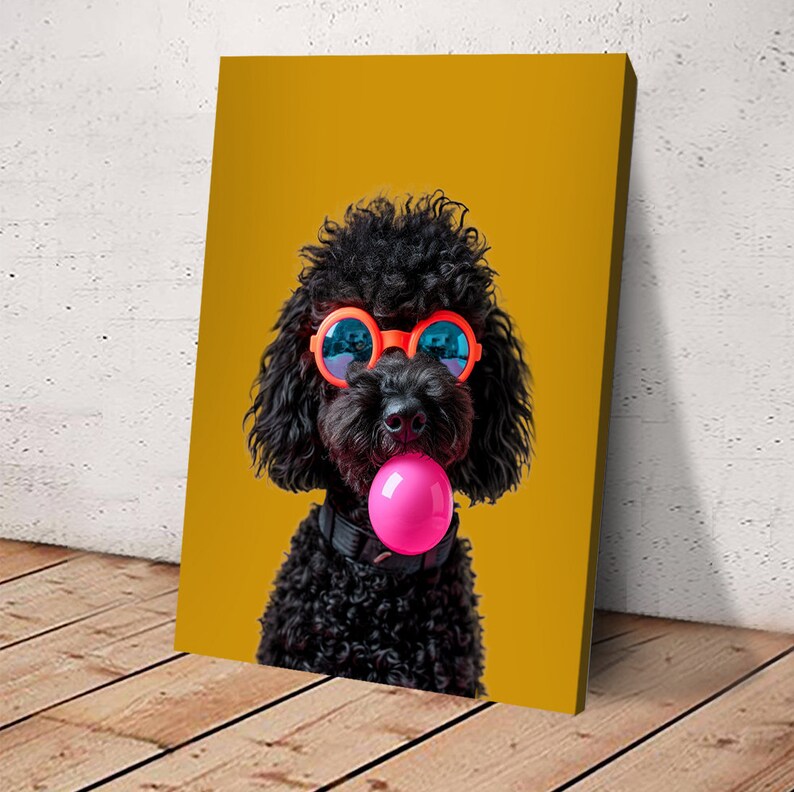Black Poodle Portrait Blowing Bubble Gum, Wearing Neon Goggles, Cute ...