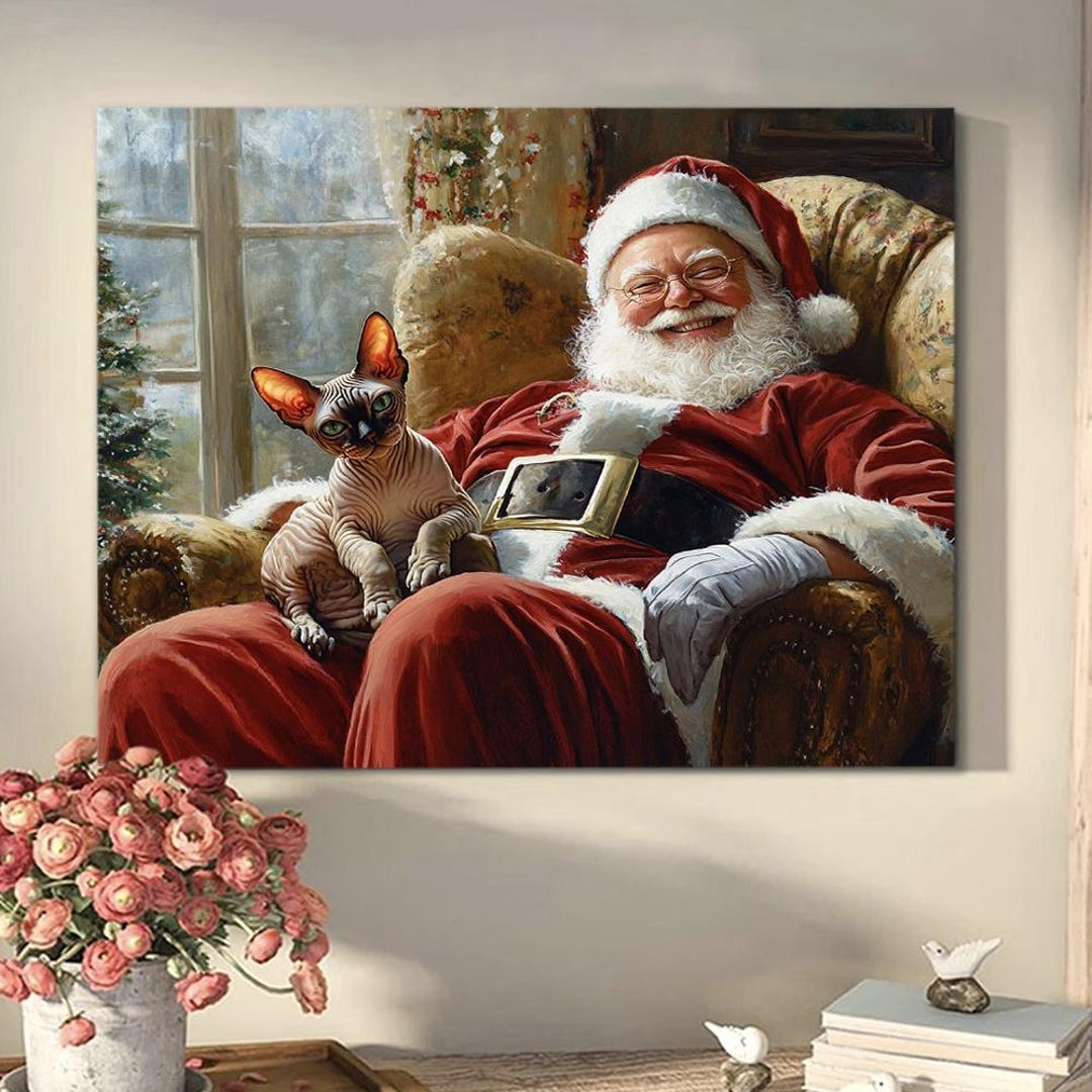 Santa and Sphynx Cat Hugging Poster Canvas Art, Santa Poster Gifts, Cat ...