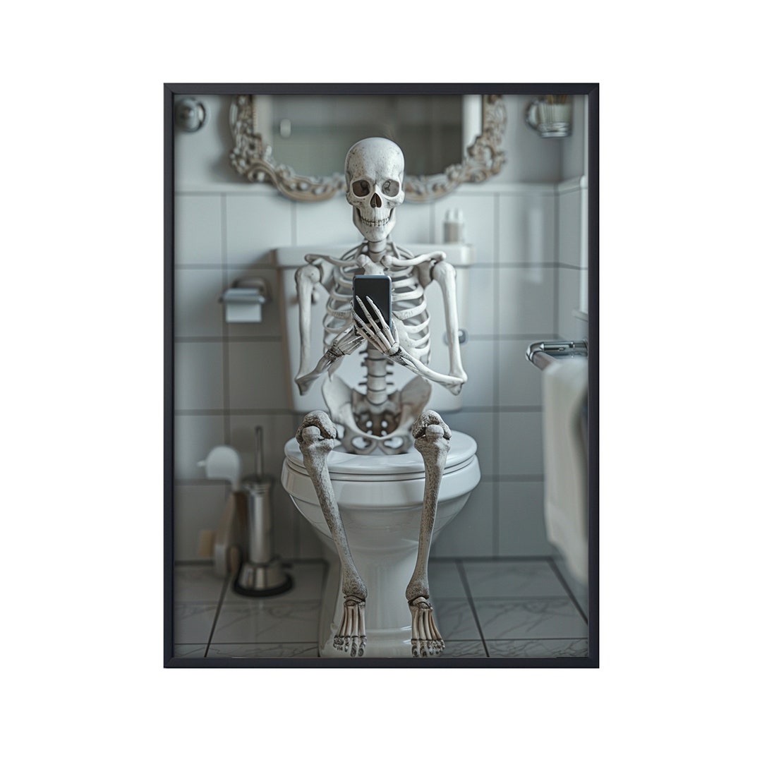 Funny Skeleton Toilet Decor, Skeleton Sitting on Toilet Playing Phone ...