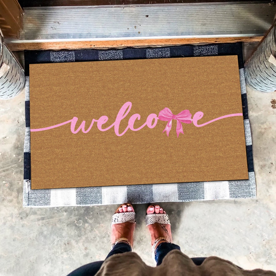 Welcome Pink Bow Doormat, Watercolor Pinky Bow Welcome Doormat ...