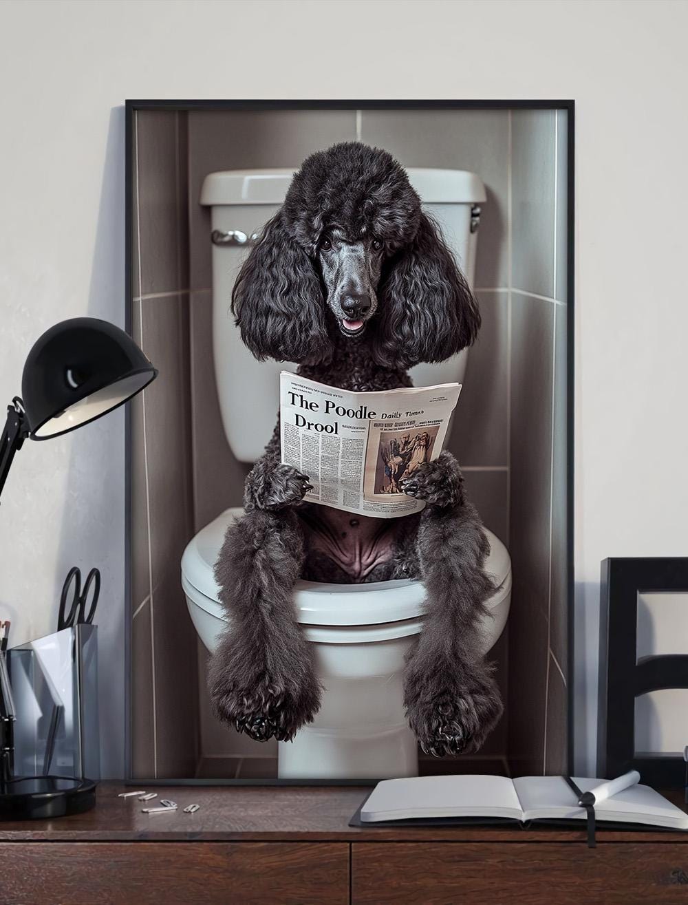 Black Poodle Sitting on Toilet, Dog Reading Newspaper, Funny Poodle ...