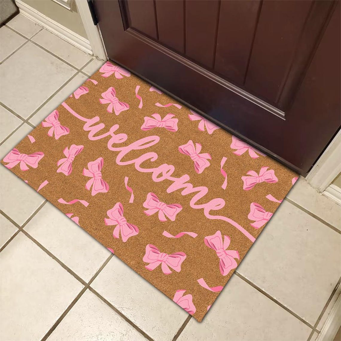 Welcome Pink Bow Doormat, Watercolor Pinky Bow Welcome Doormat ...