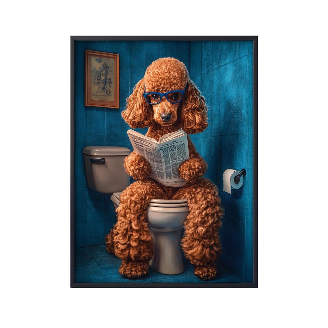 Brown Poodle Sitting on Toilet Reading Newspaper, Funny Dog Picture ...