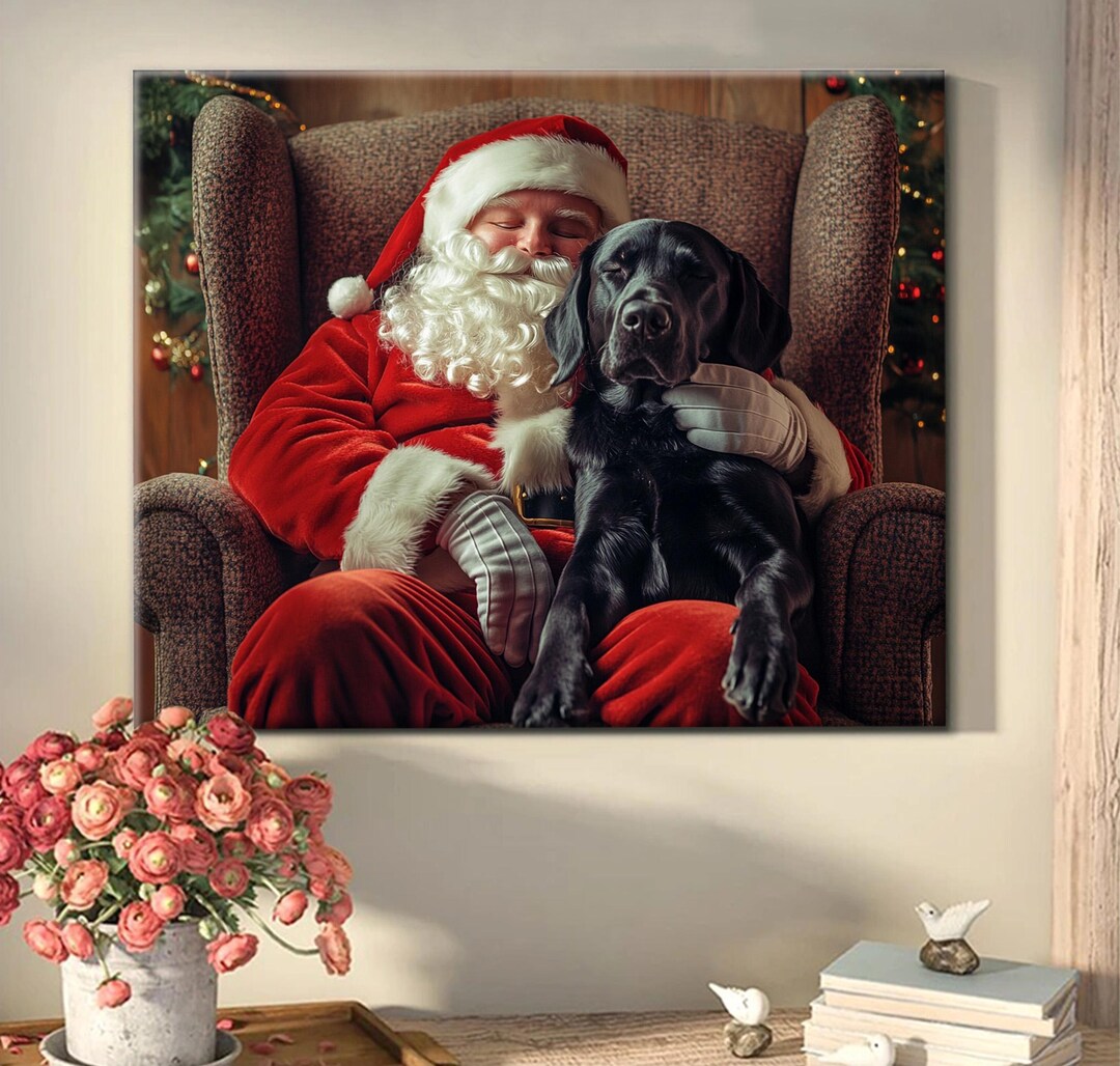 Santa and Black Labrador Dog Hugging Poster Canvas, Santa Poster Gifts ...