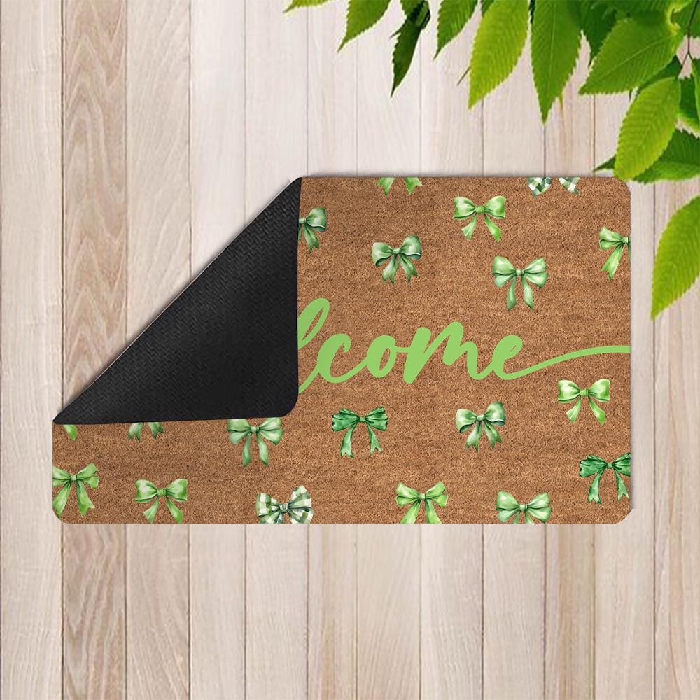 Welcome Green Bow Doormat, Watercolor Green Bow Welcome Doormat, Green ...