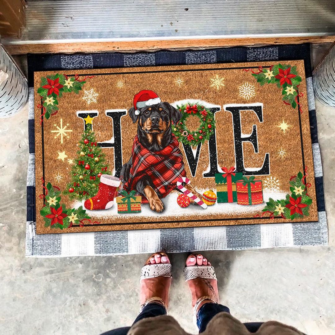 Christmas Rottweiler Mat, Cute Rottweiler Doormat Christmas, Rottweiler ...